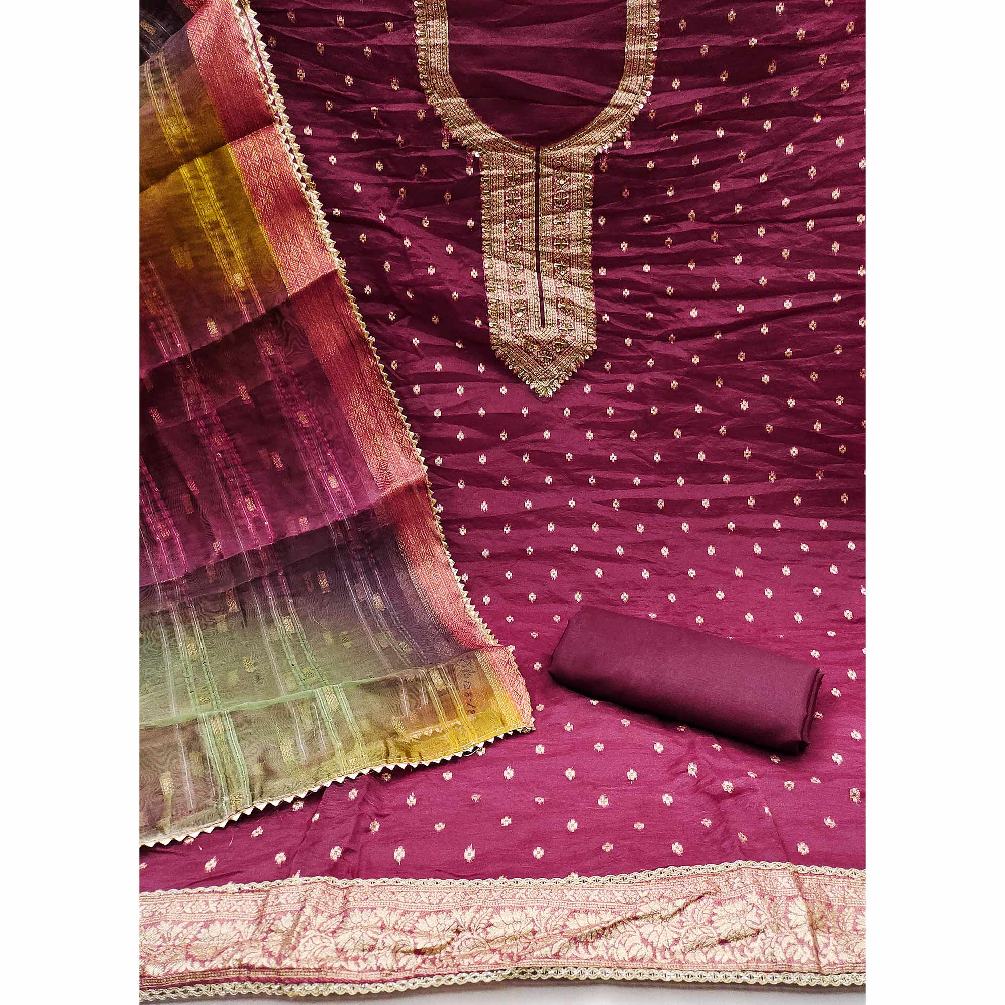 Wine Butti Design Woven Organza Dress Material