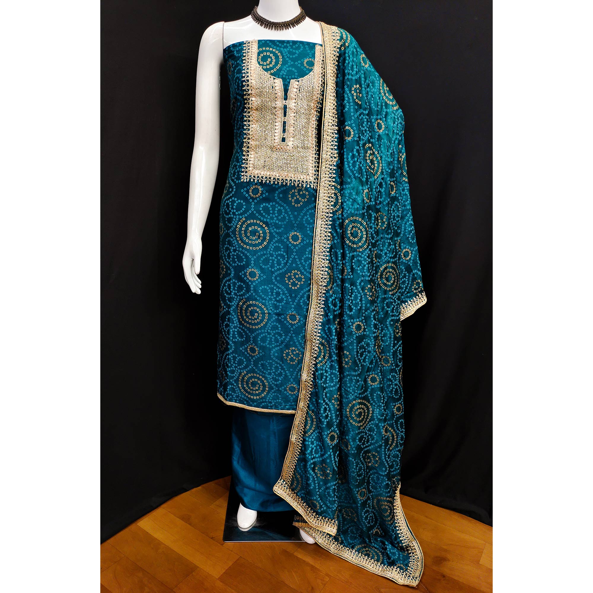 Morpich Printed With Embroidered Vichitra Silk Dress Material
