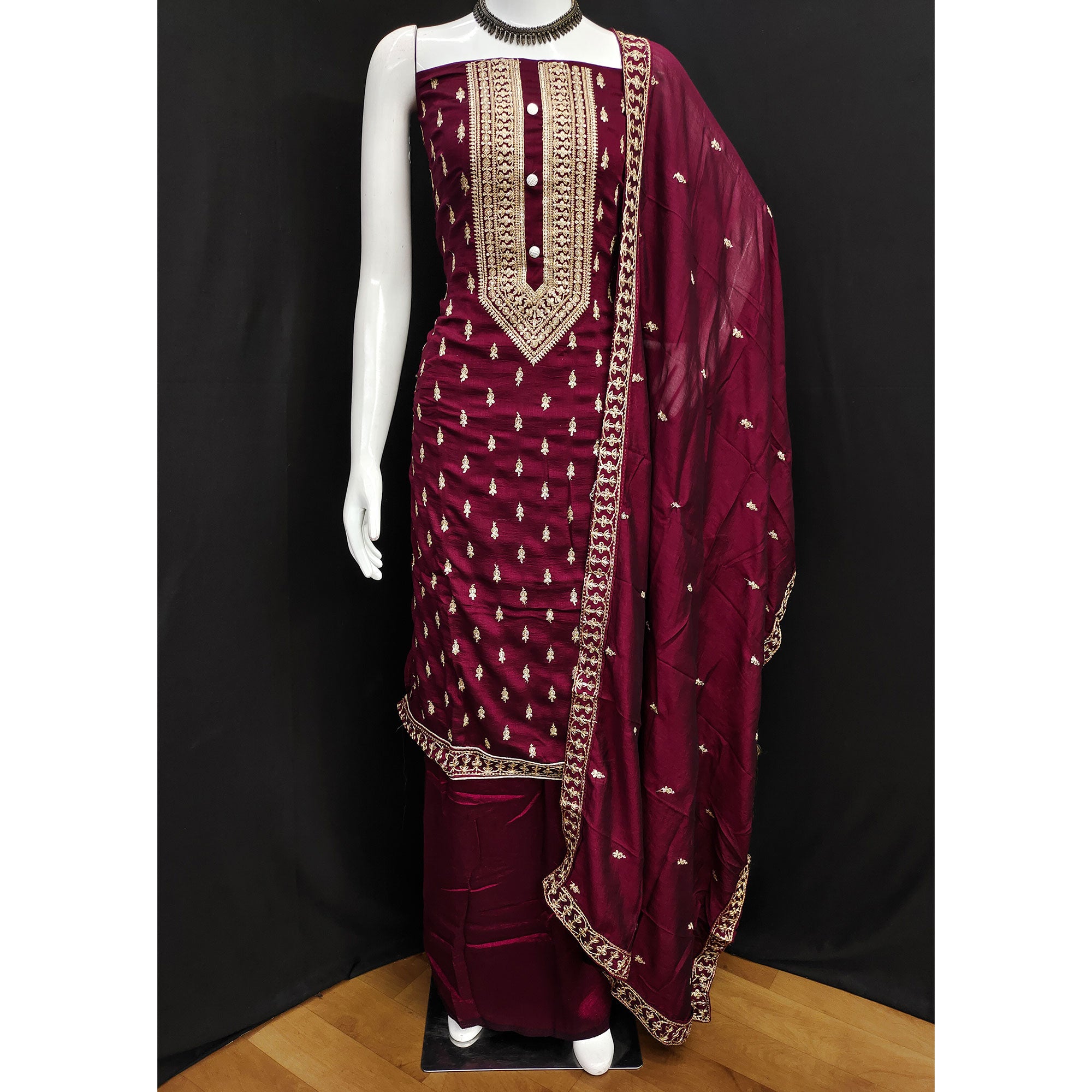 Maroon Sequins Embroidered Vichitra Silk Dress Material