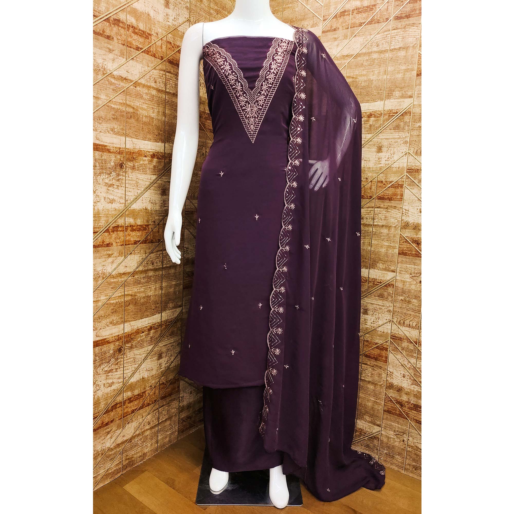 Wine Floral Embroidered Georgette Dress Material