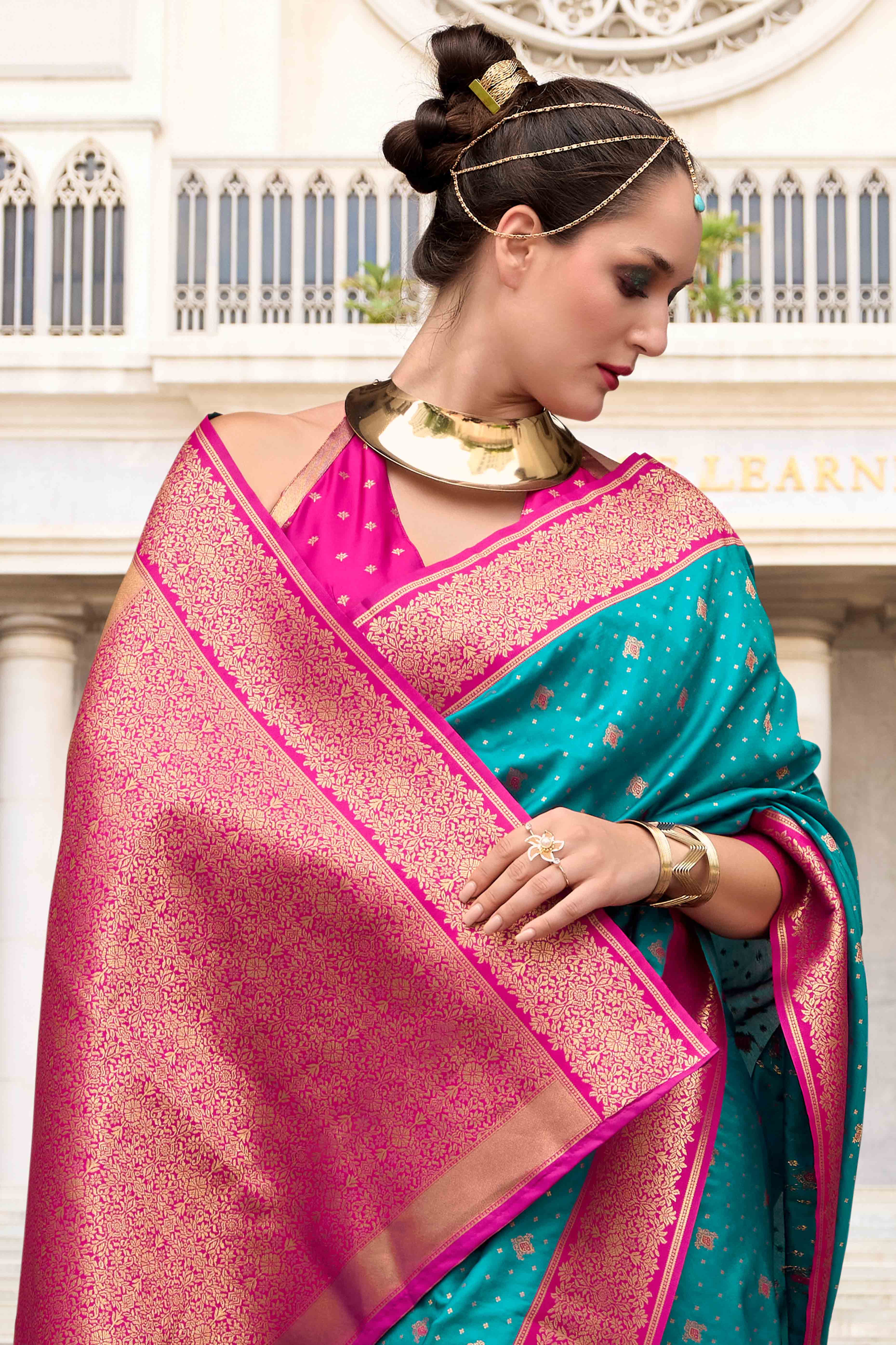Rama Blue Floral Woven Pure Silk Saree