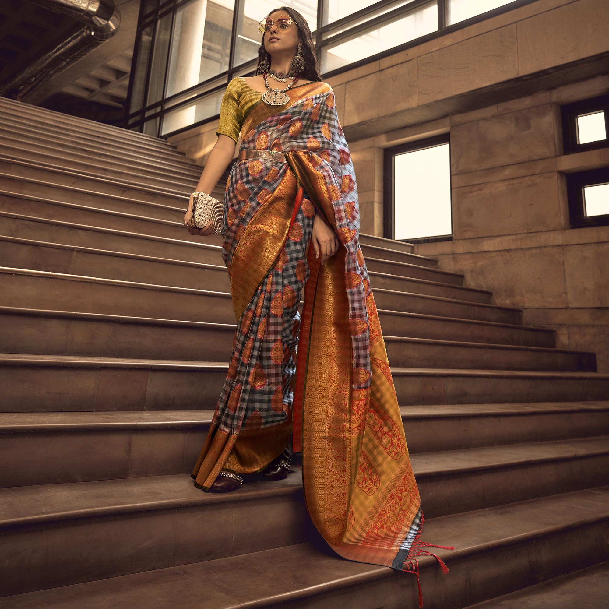Red Checks Woven Organza Saree With Tassels