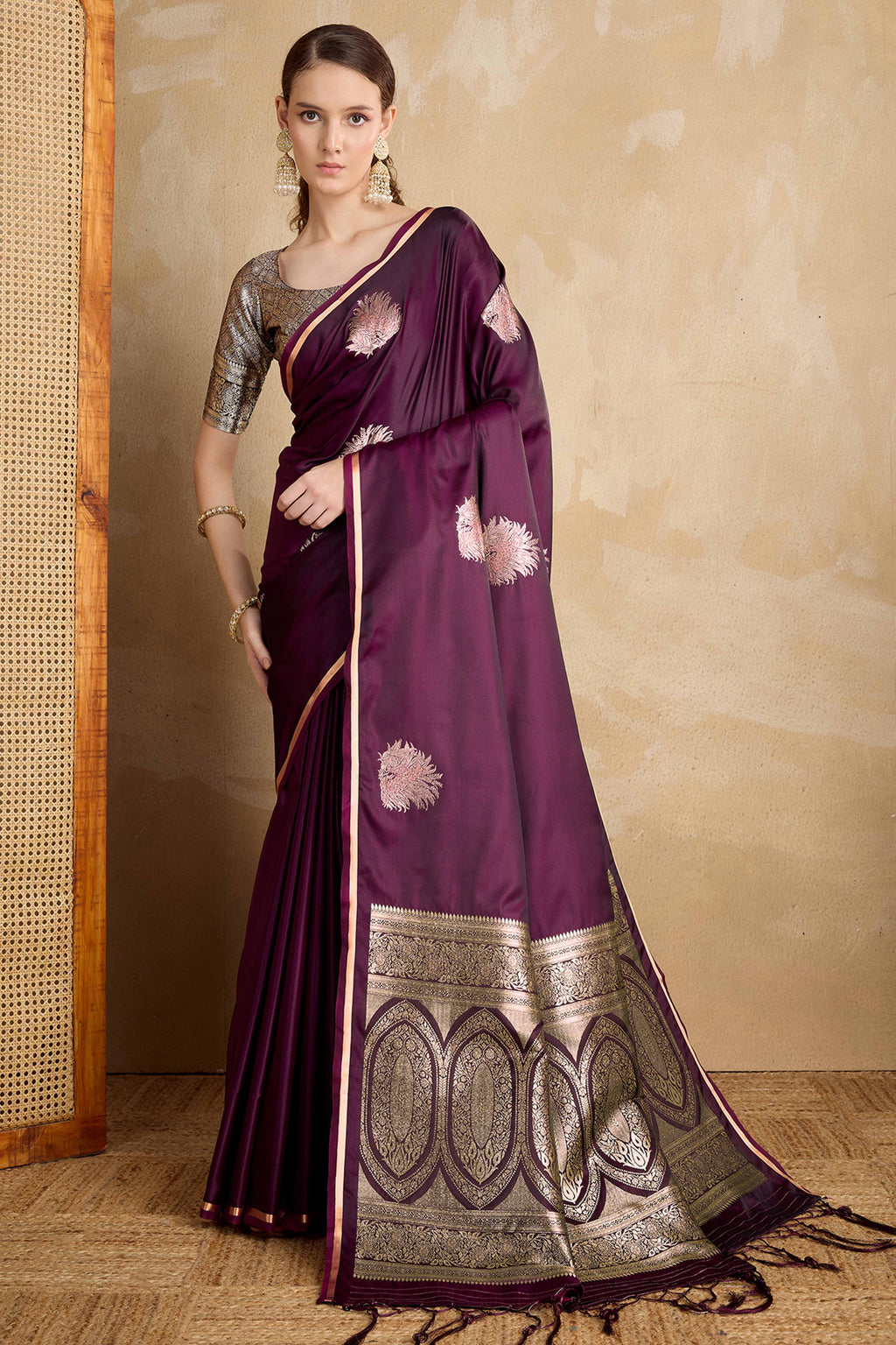 Wine Satin Saree Featuring Intricate Handloom Weaving