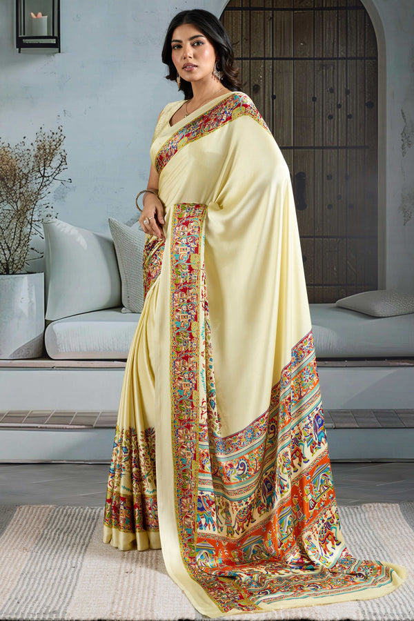 Classic Cream Solid Modal Satin Saree With Multicolor Traditional Folk