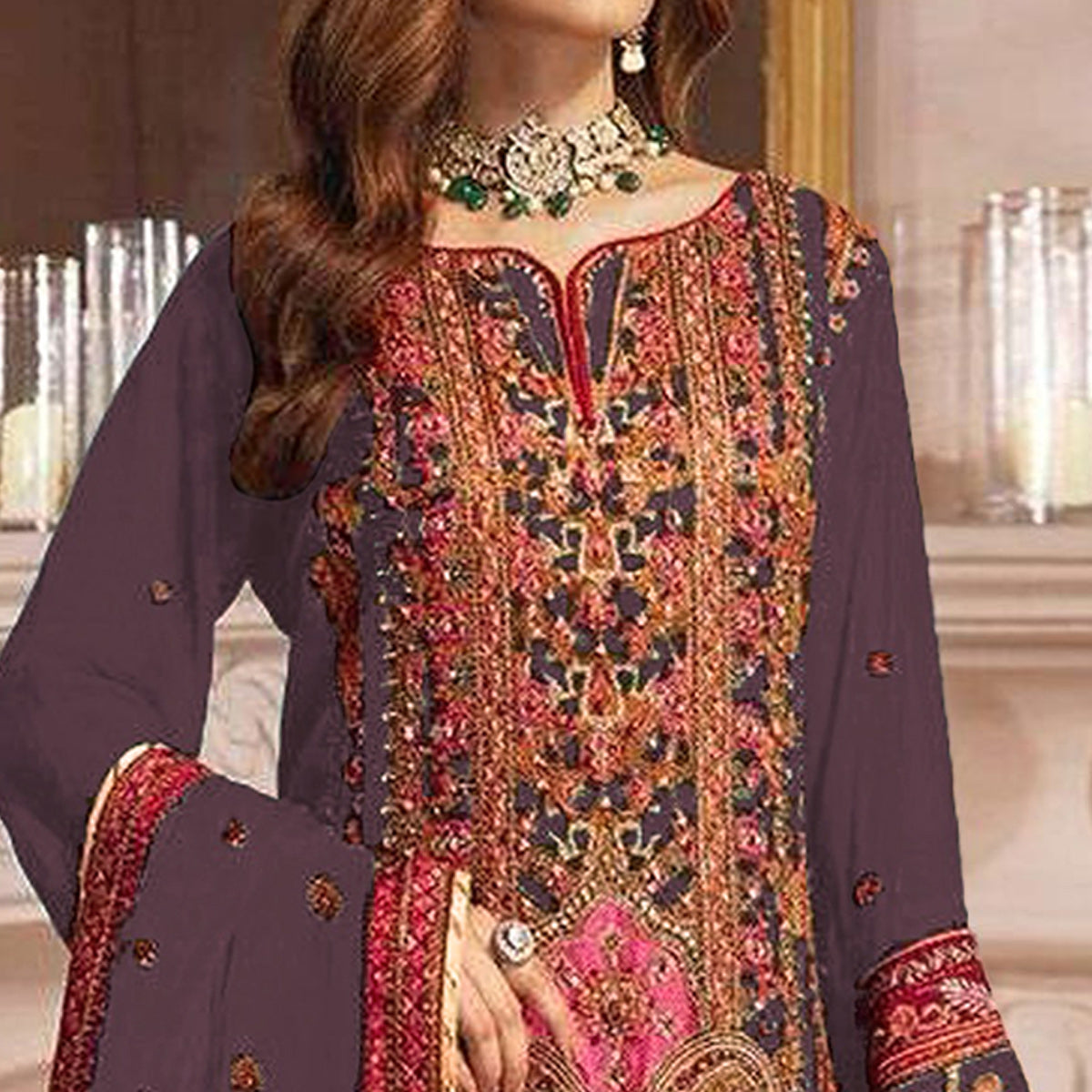 Dark Mauve Embroidered Georgette Pakistani Dress Material