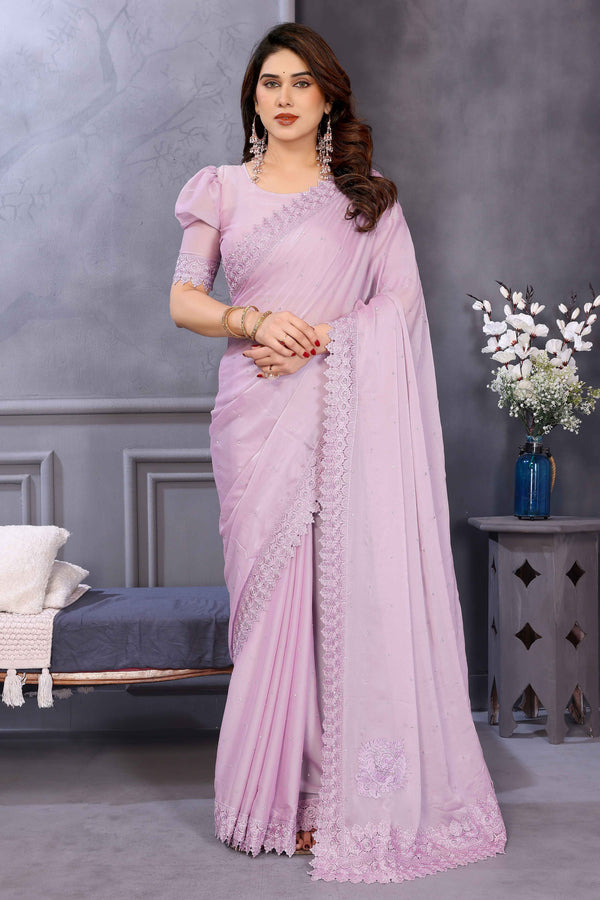 Lilac Purple Silk Blend Saree Adorned with Chemical Lace Edging and Da