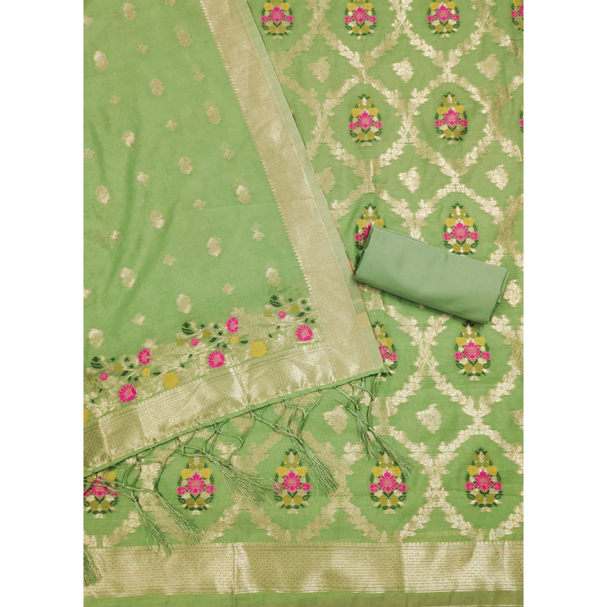 Light Green Floral Woven Chanderi Dress Material