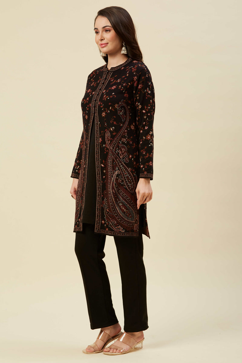 Black Woven Woolen Front Split Top Bottom Set