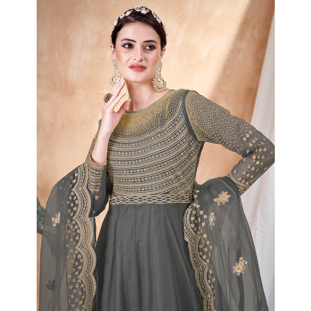 Grey Floral Embroidered Net Semi Stitched Anarkali Suit