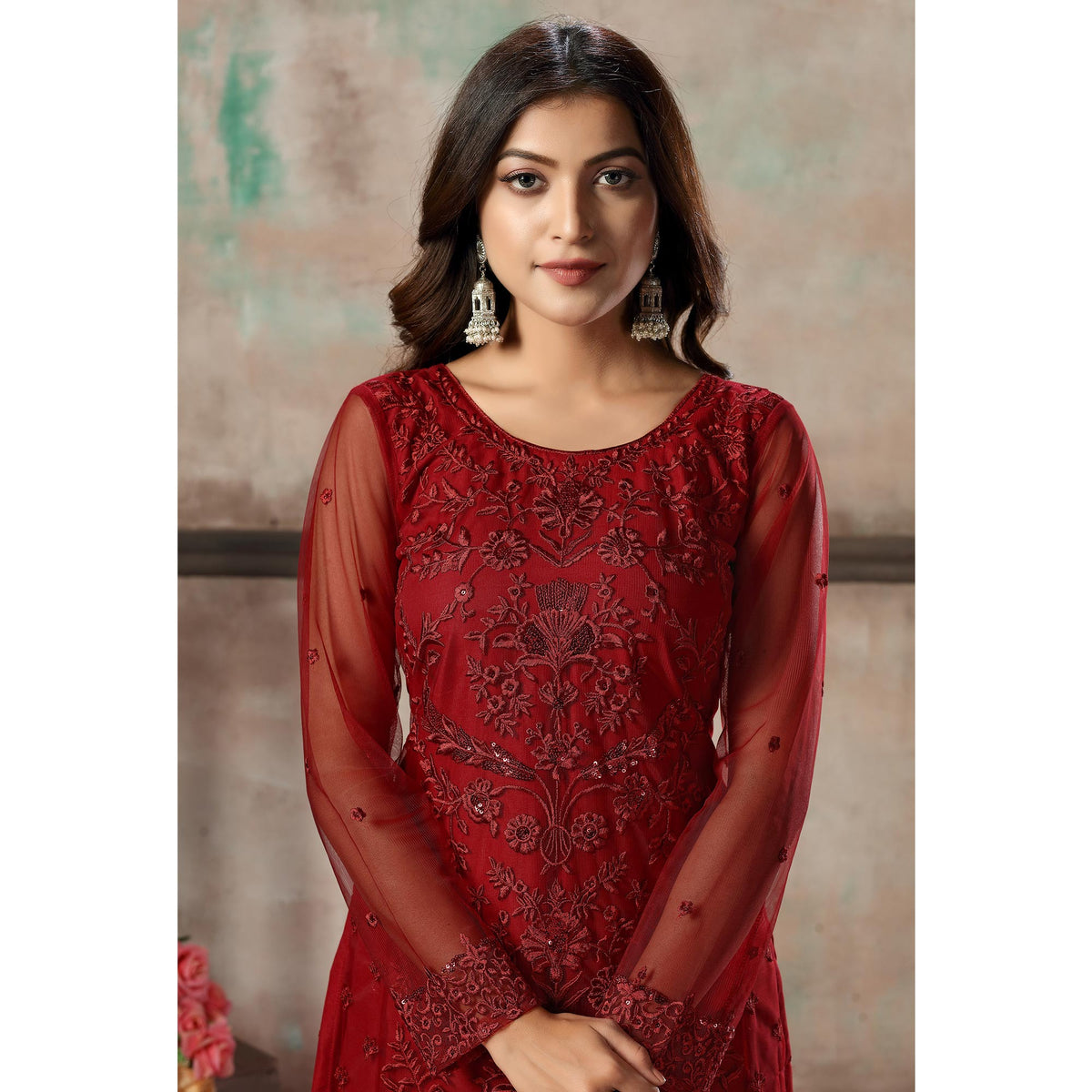 Red Floral Embroidered Net Suit