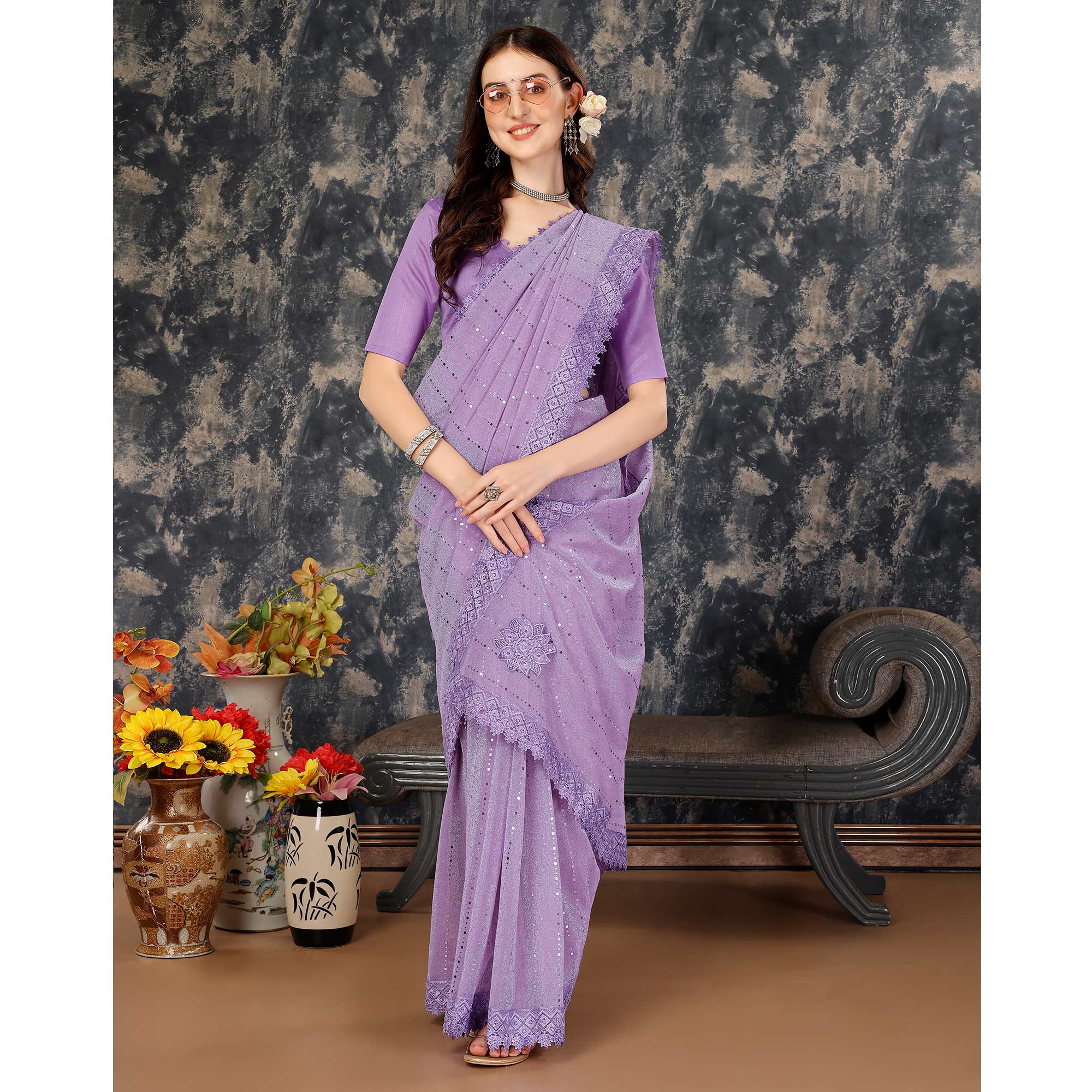 Lavender Tikali With Floral Embroidered Lycra Saree