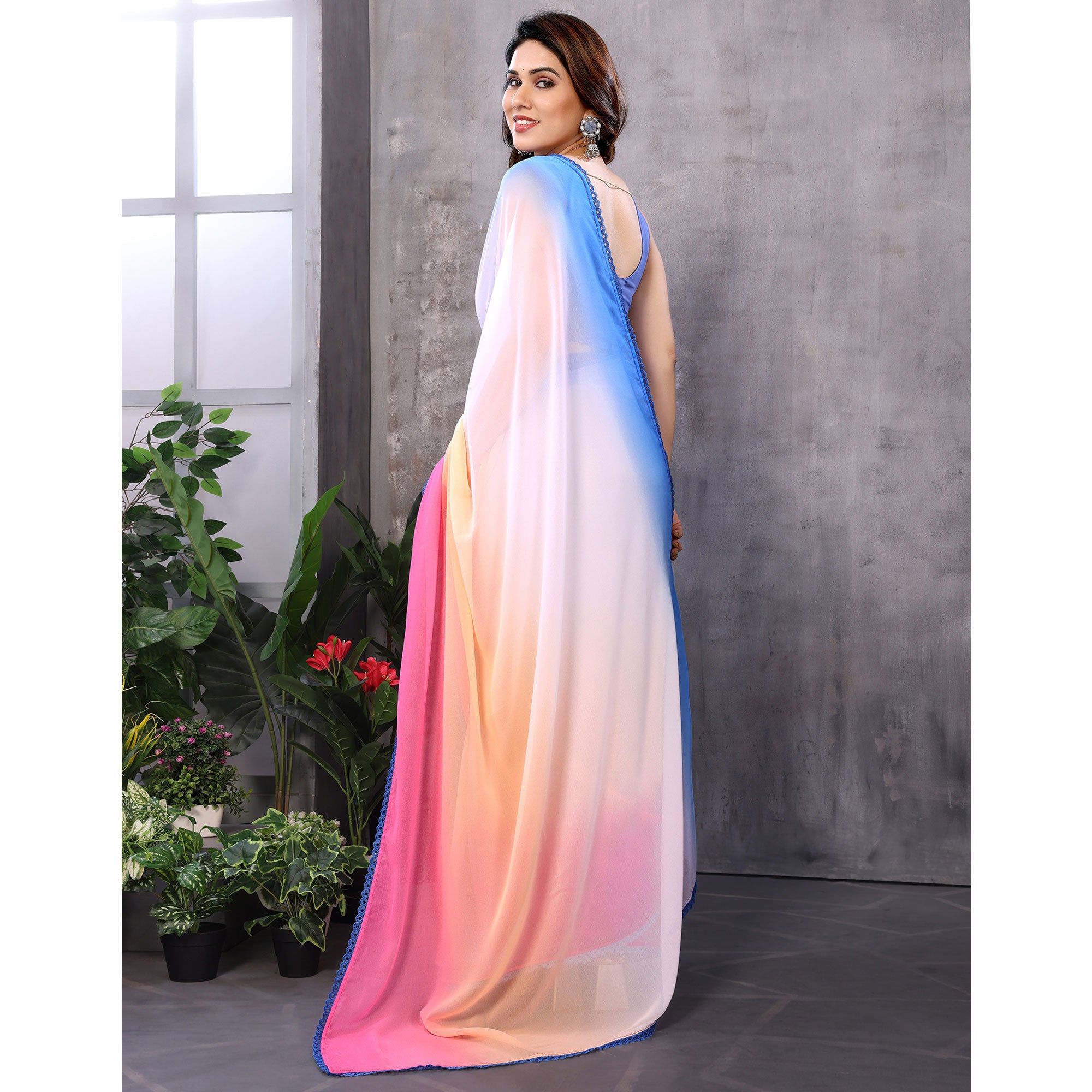 Multicolor Ombre Printed Georgette Ready To Wear Saree