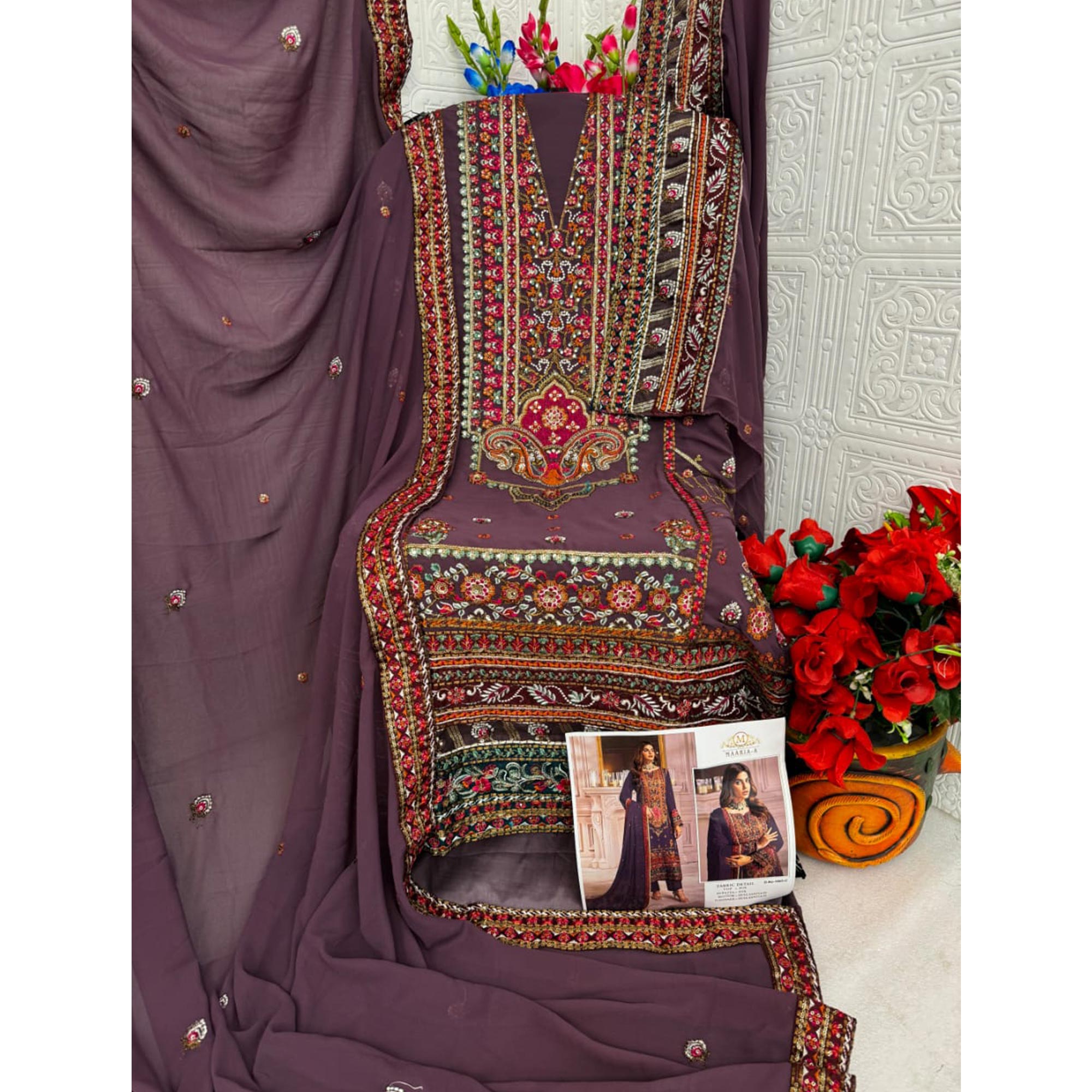Dark Mauve Embroidered Georgette Pakistani Dress Material