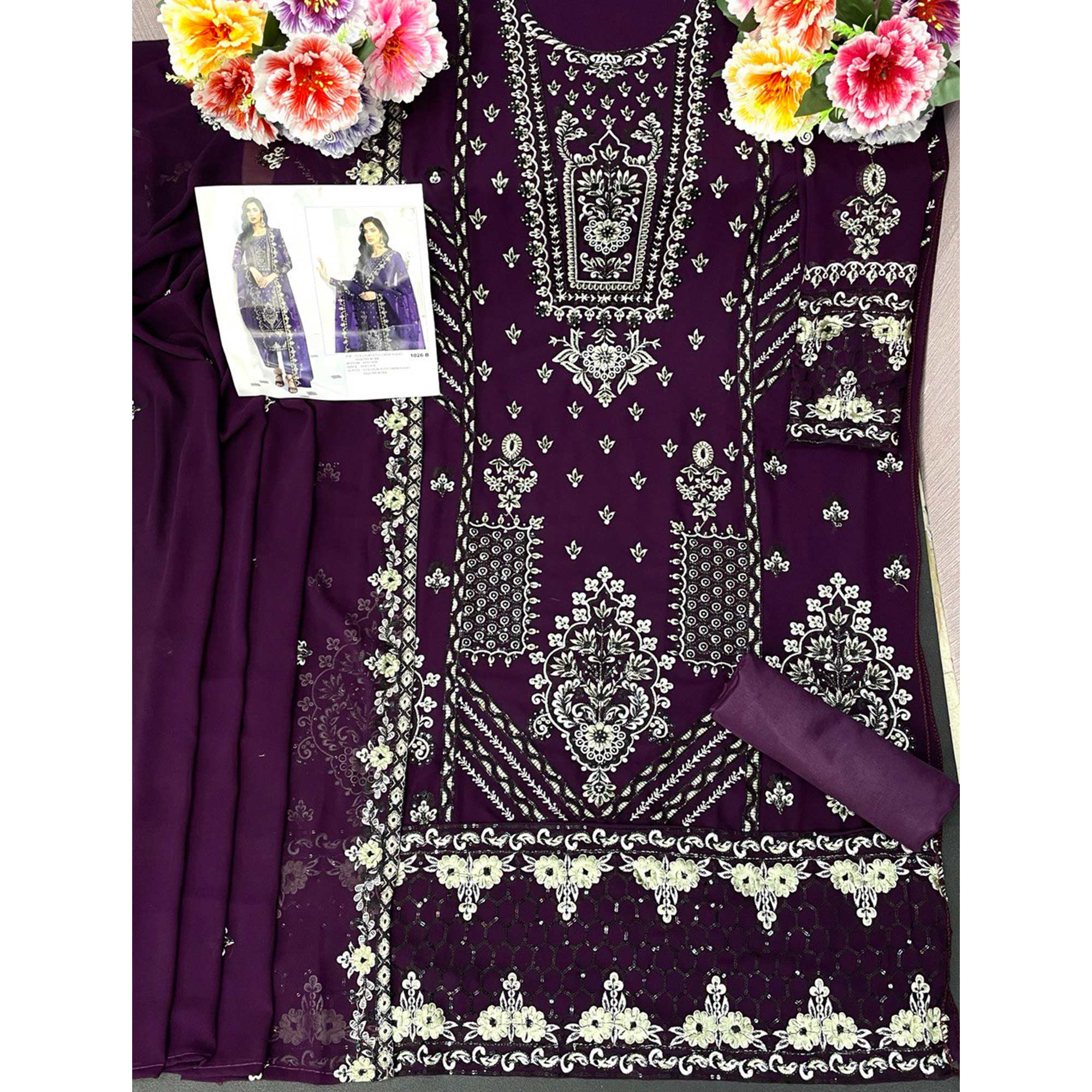 Purple Floral Embroidered Georgette Semi Stitched Pakistani Suit