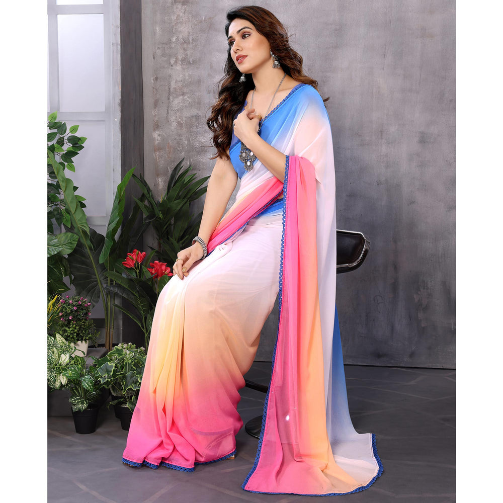 Multicolor Ombre Printed Georgette Ready To Wear Saree