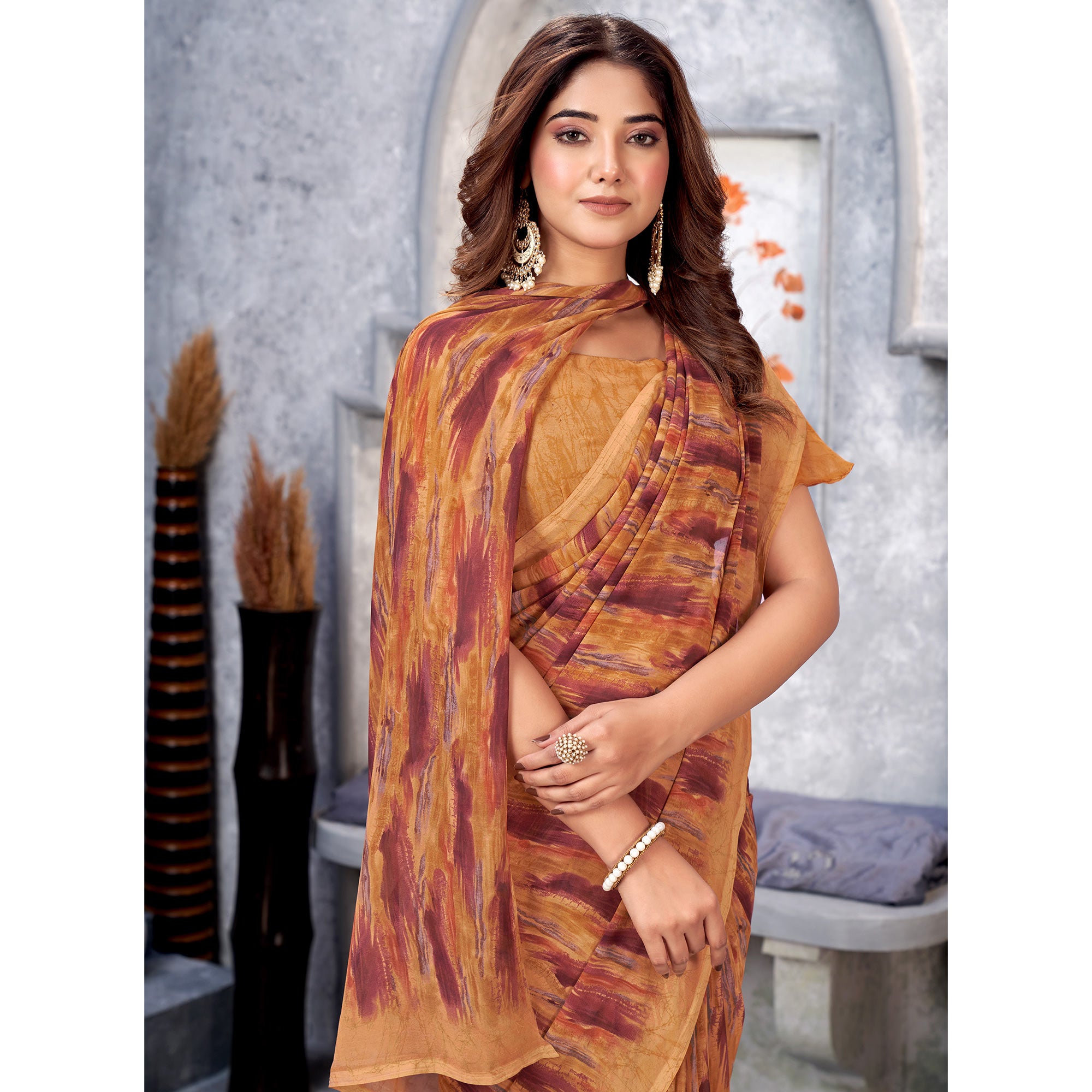 Rust Printed Georgette Saree