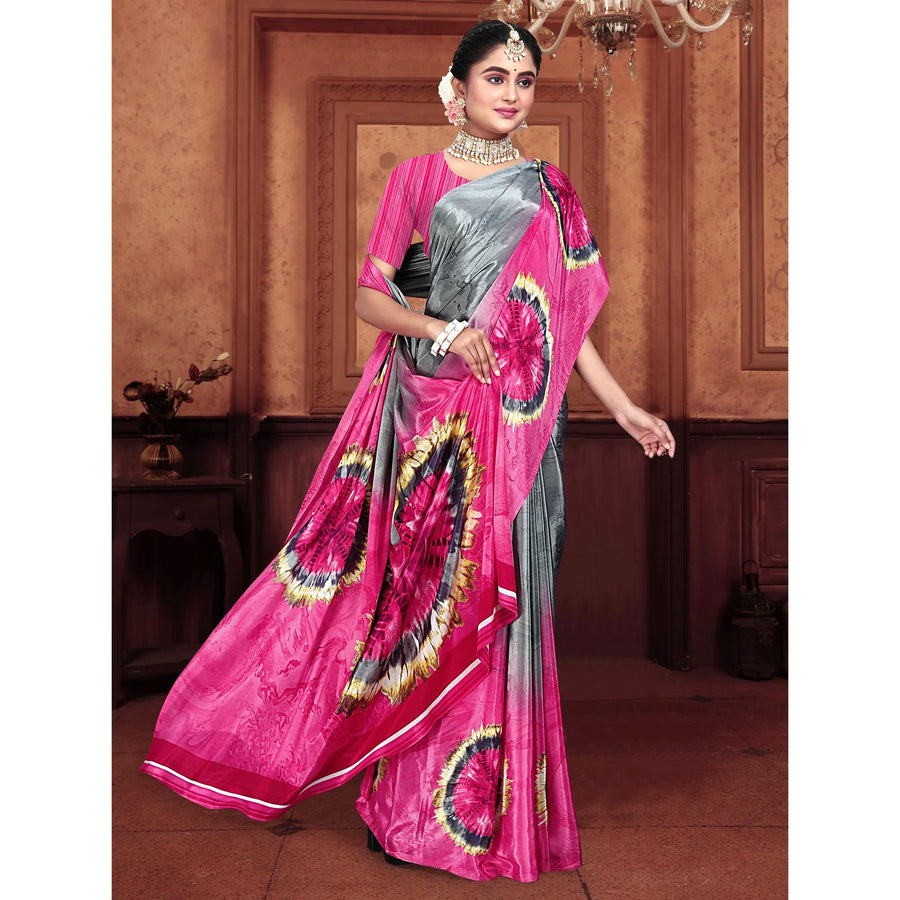 Grey & Pink Printed Crepe Silk Saree