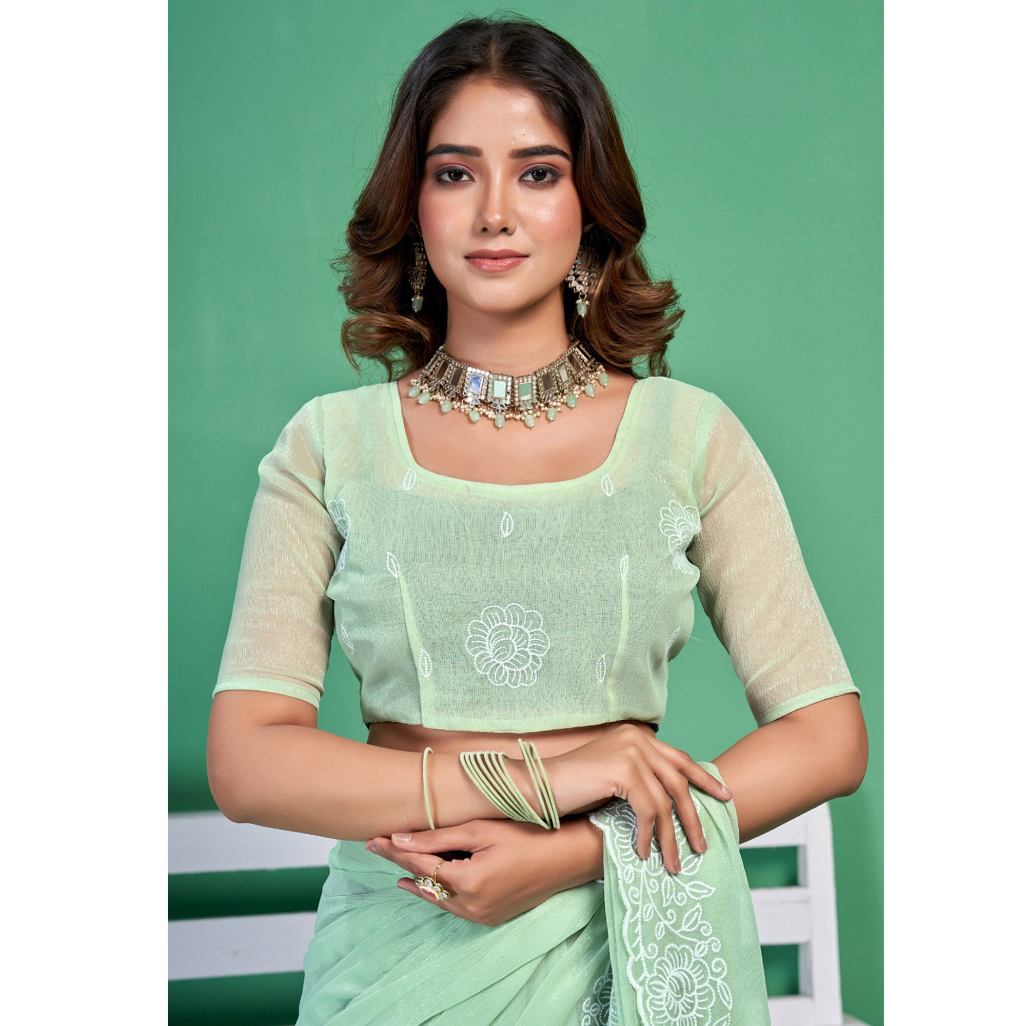 Green Chiffon Saree With Embroidered Border