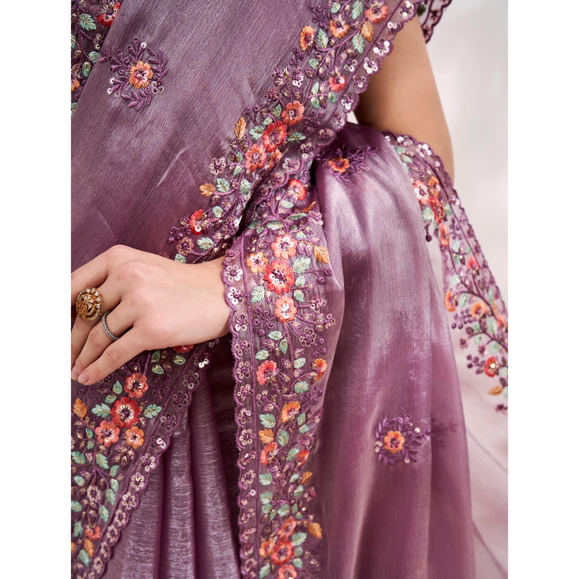 Lavender Floral Embroidered Tissue Saree