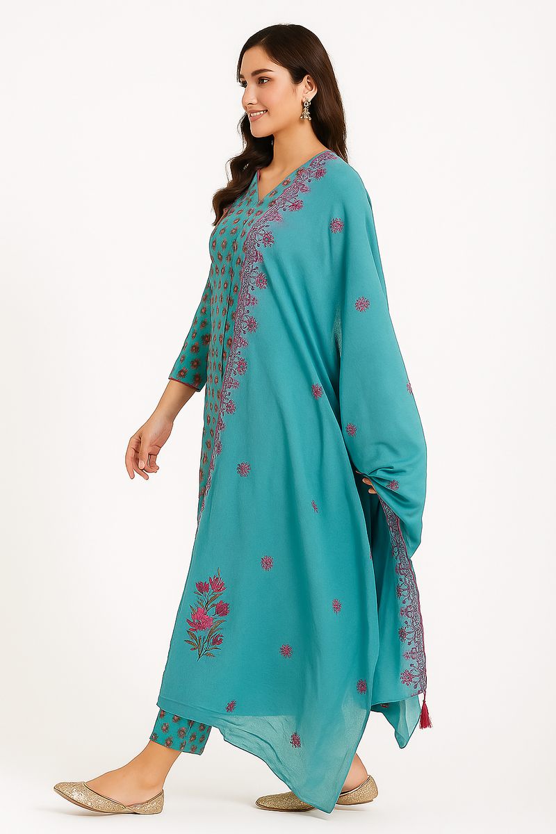Blue Floral Print A Line Suit With Intricate Sequins Embroidery On Pur