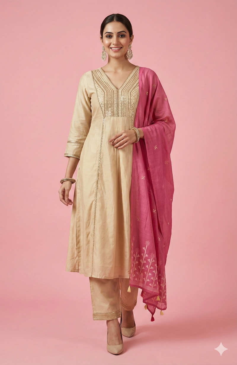 Cream Festive Wear Chanderi Silk A-Line Salwar Suit Adorned with Sequi