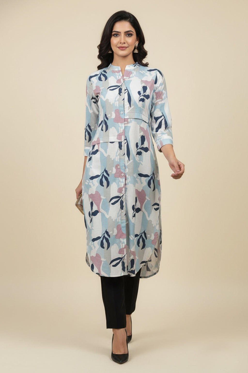Trendy White Pure Cotton Straight with U-shape Kurti Highlighted with