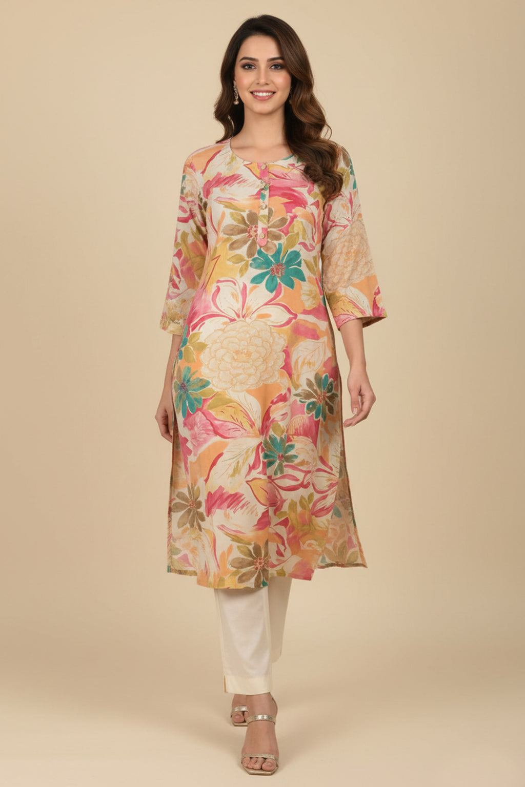 Lightweight Rayon Straight Kurti Highlighted with Multicolor Floral Pr