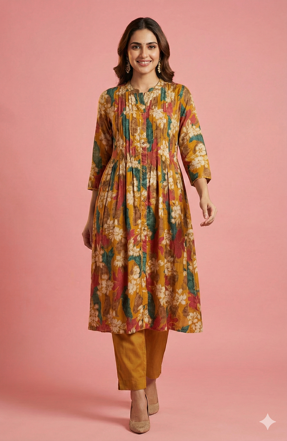 Yellow Floral Printed Pleated Silk Chiffon A-Line Top–Bottom Set for R