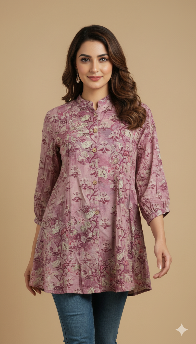 Pink Lightweight Rayon Straight Office Top with Elegant Floral Pattern