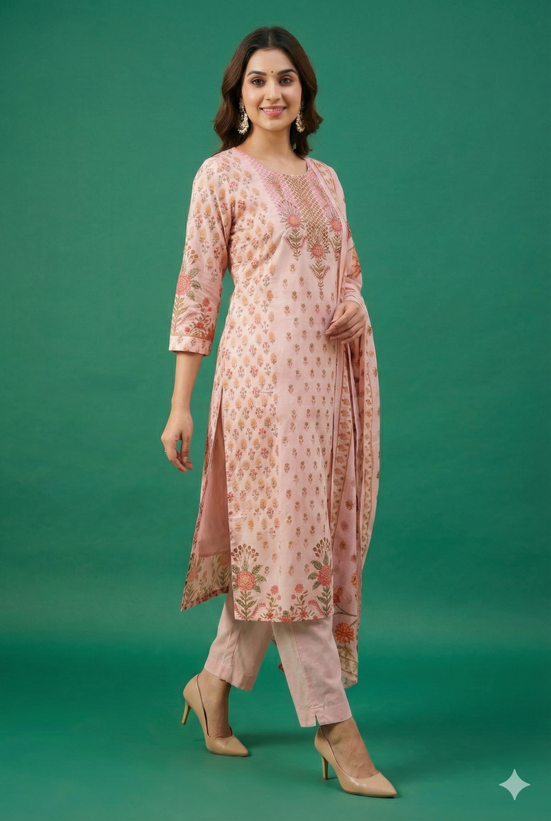 Baby Pink Floral Printed Muslin Straight Cut Salwar Suit for Casual to