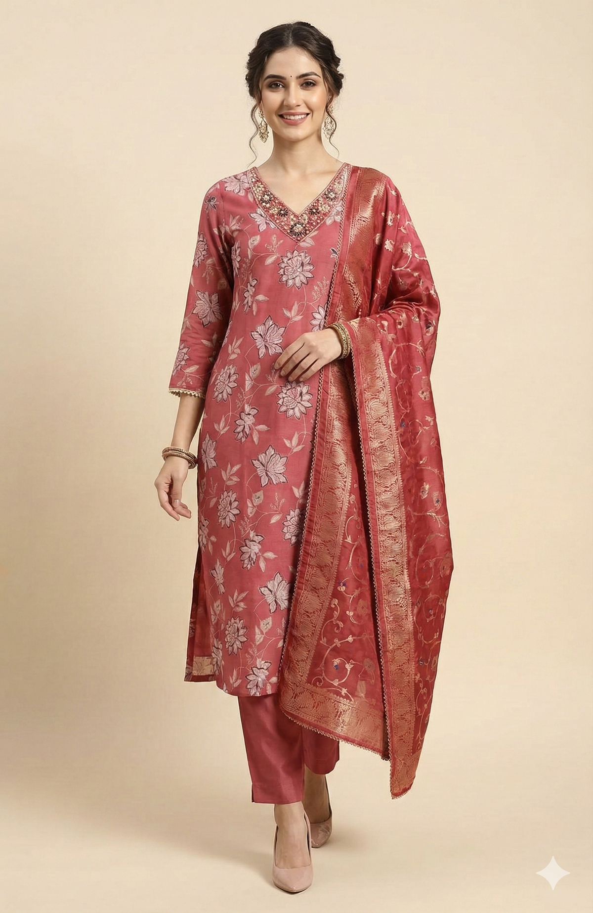 Classic Pink Floral Printed Mul Chanderi Straight Cut Salwar Suit for