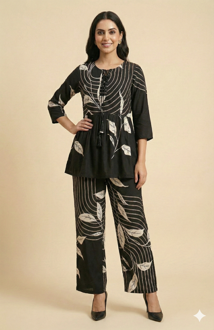 Black Floral Print Rayon A-Line Top and Pant Set with Modern Ethnic Lo