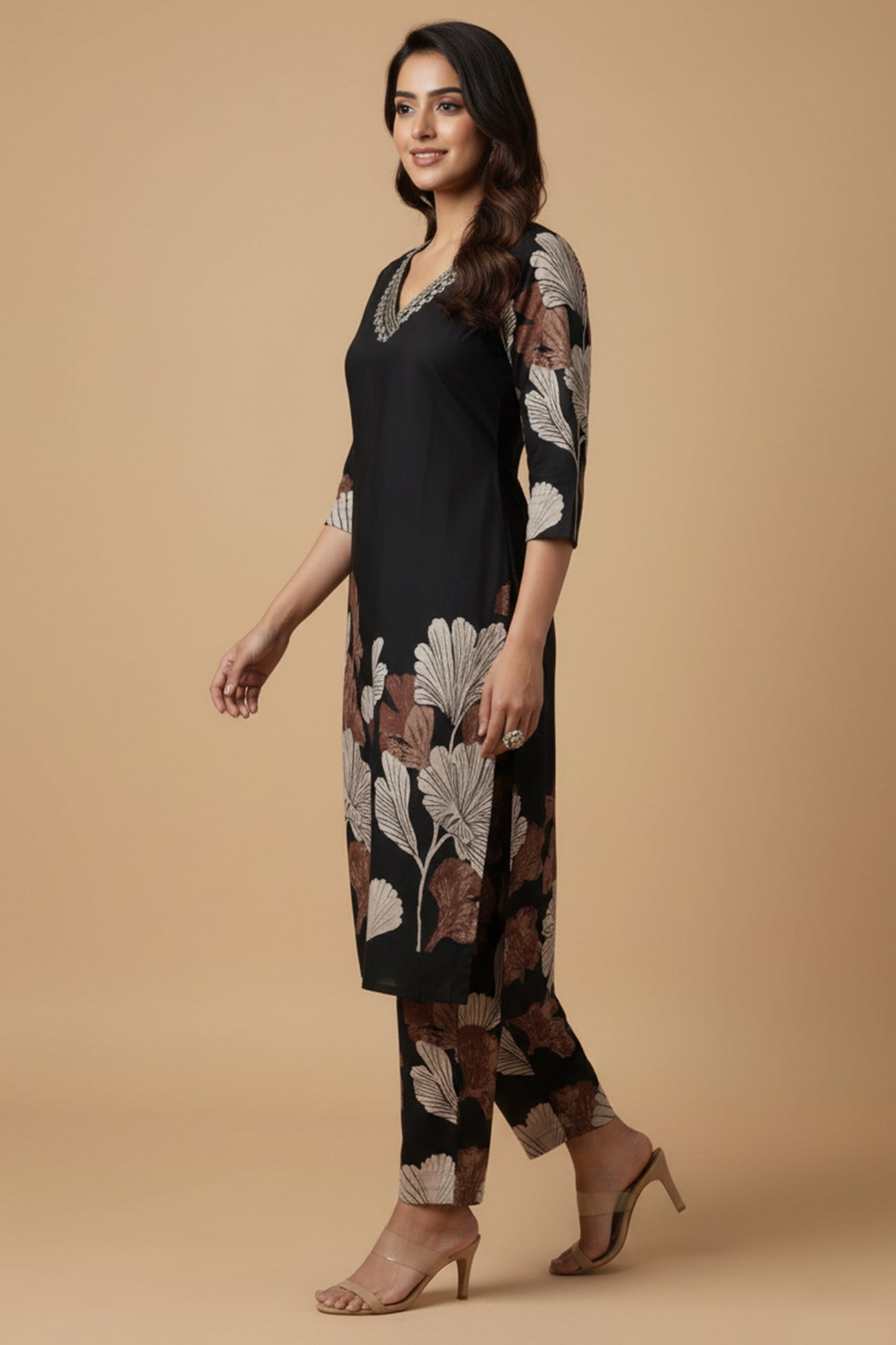 Fashionable Black Pure Cotton Top Bottom Set Highlighted with Vibrant