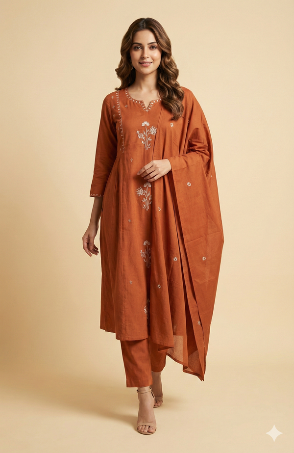 Rust Floral Embroidered Pure Cotton Salwar Suit with Flattering A-Line