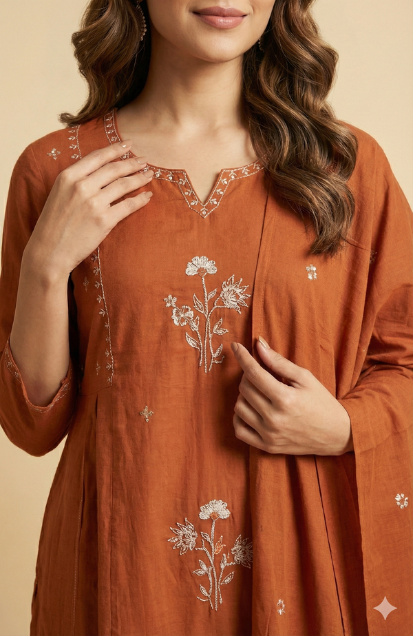 Rust Floral Embroidered Pure Cotton Salwar Suit with Flattering A-Line