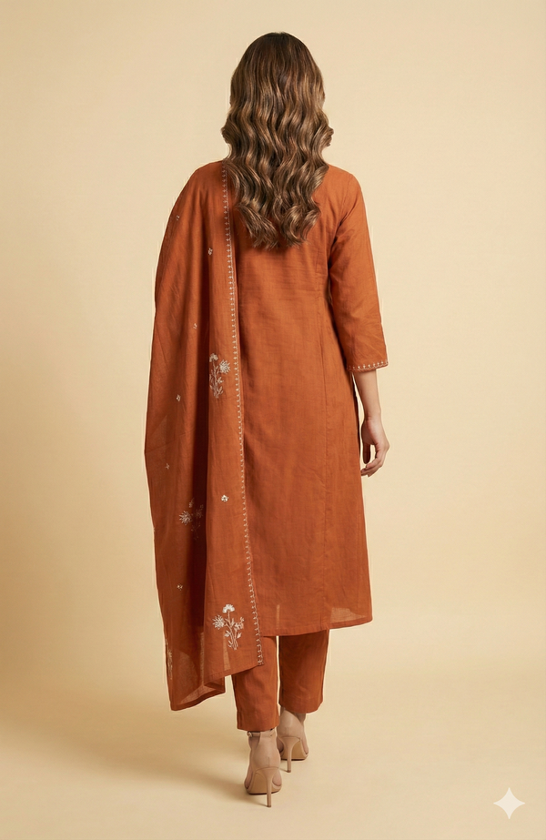 Rust Floral Embroidered Pure Cotton Salwar Suit with Flattering A-Line