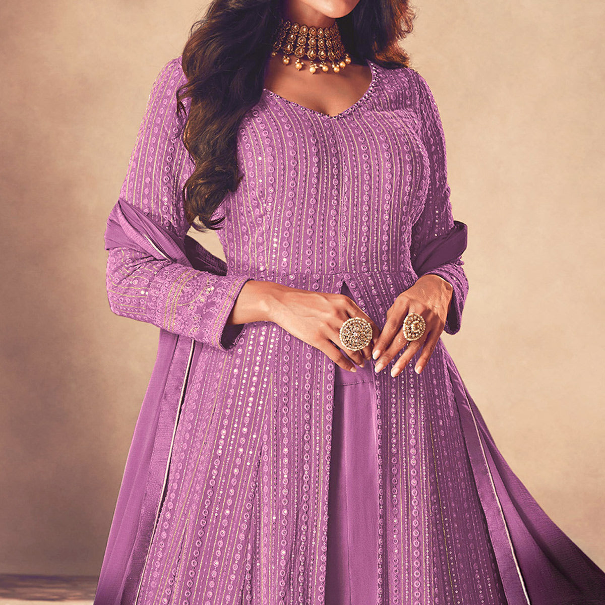 Purple Sequins Embroidered Georgette Front Slit Suit