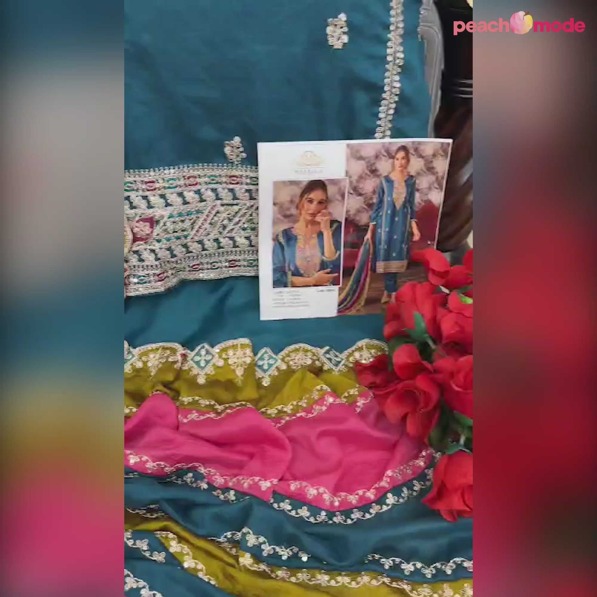 Morpich Floral Embroidered Vichitra Silk Semi Stitched Pakistani Dress