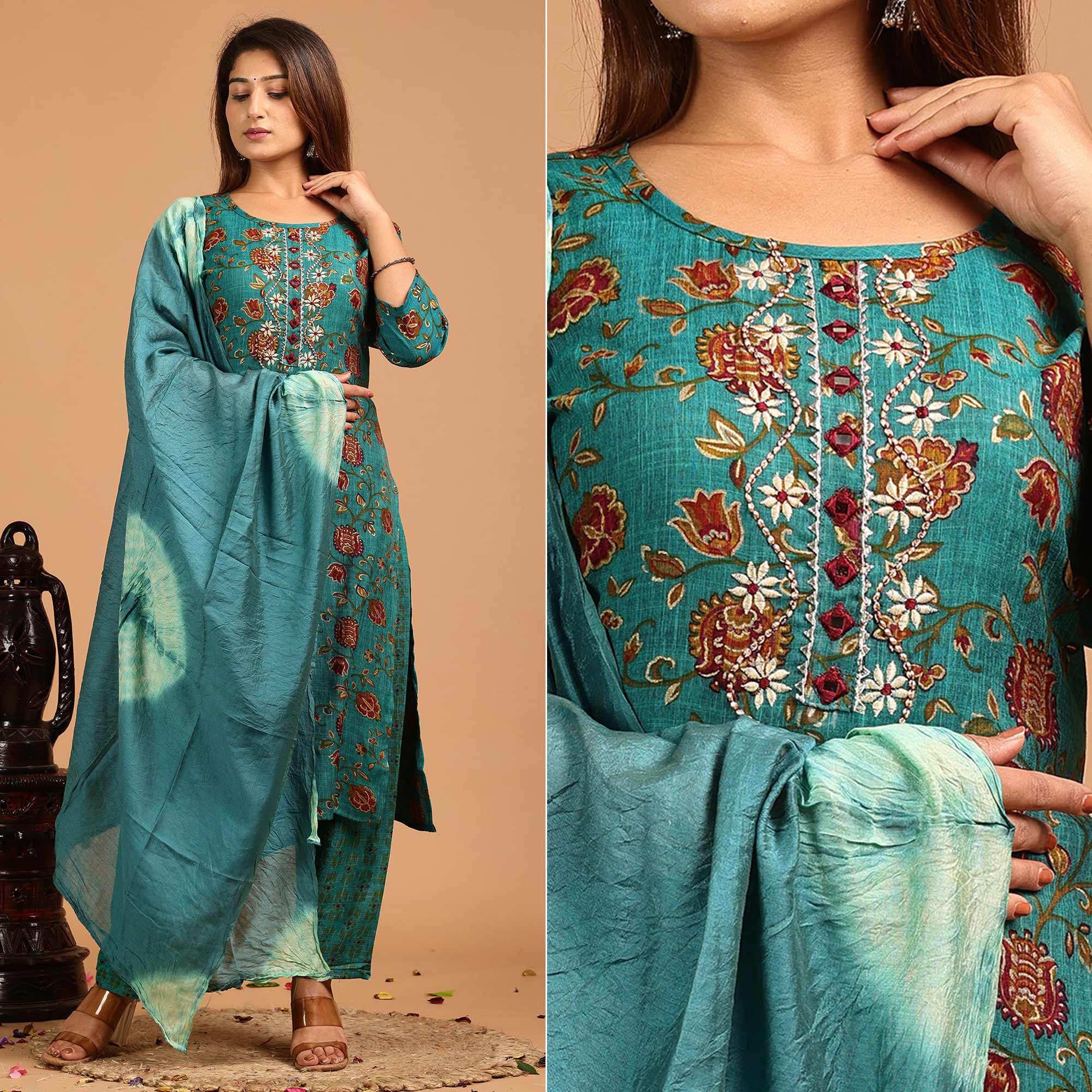 Morpich Printed With Embroidered Rayon Salwar Suit