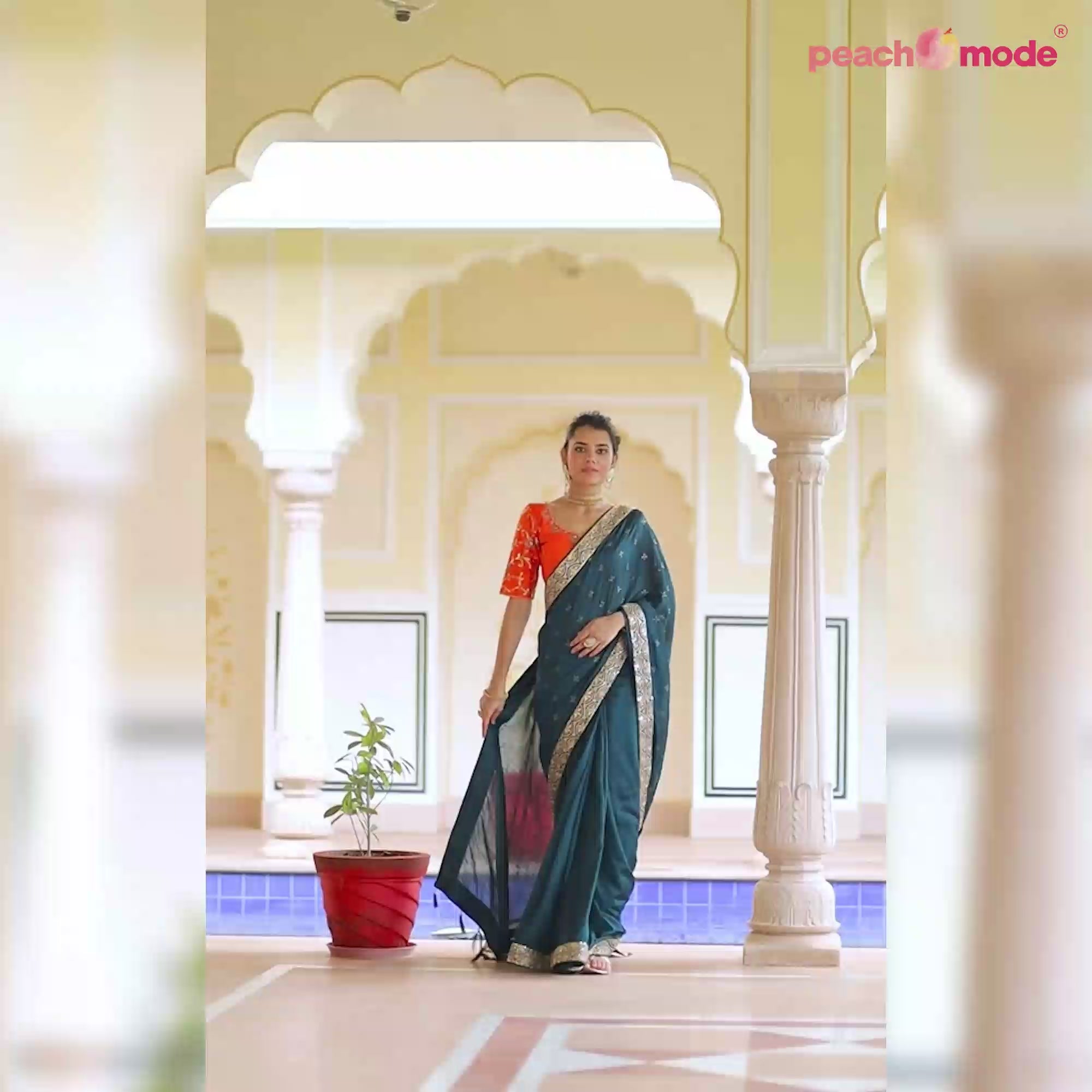 Morpich Sequins With swarovski Work Vichitra Silk Saree