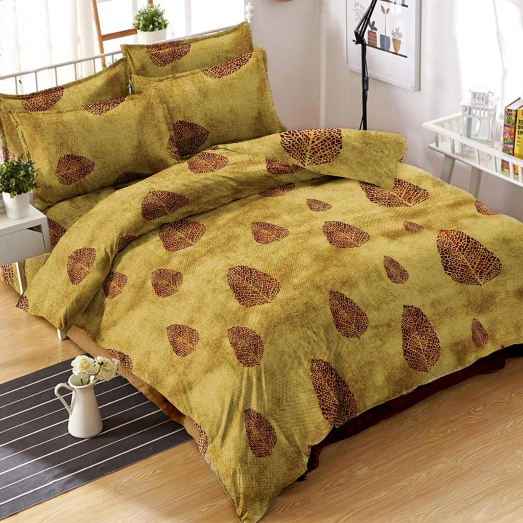 Radiant Beige Colored Leaf Printed Cotton Double Bedsheet With Pillow Cover