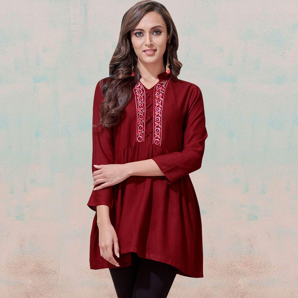 Classy Maroon Colored Partywear Embroidered Rayon Western Top