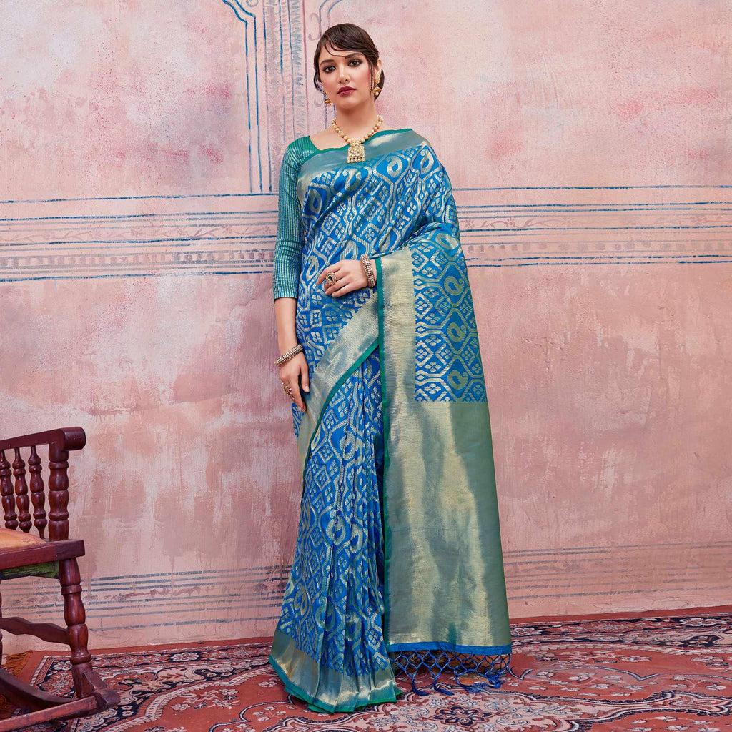 Classy Turquoise Blue Colored Festive Wear Silk Saree