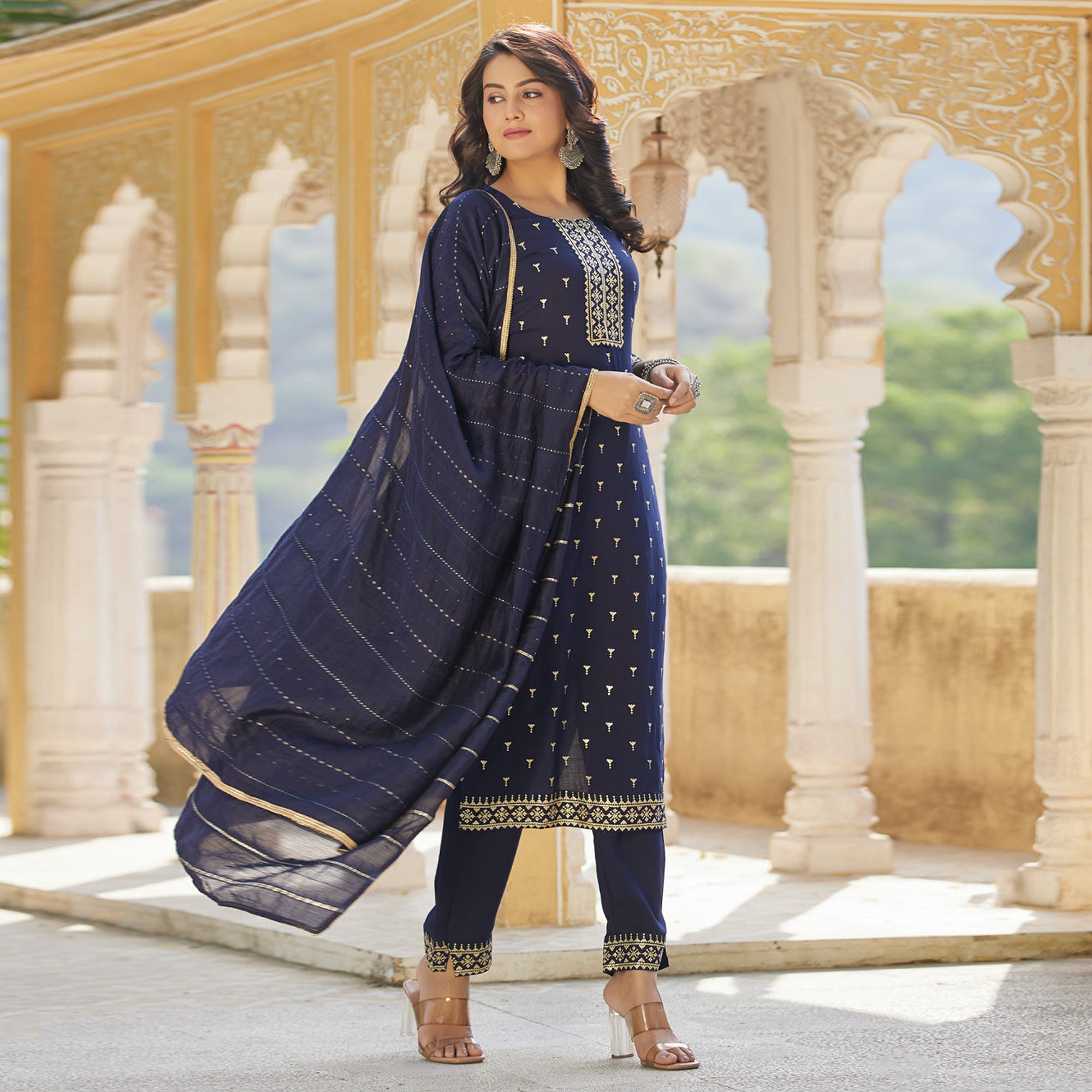 Navy Blue Embroidered Cotton Salwar Suit