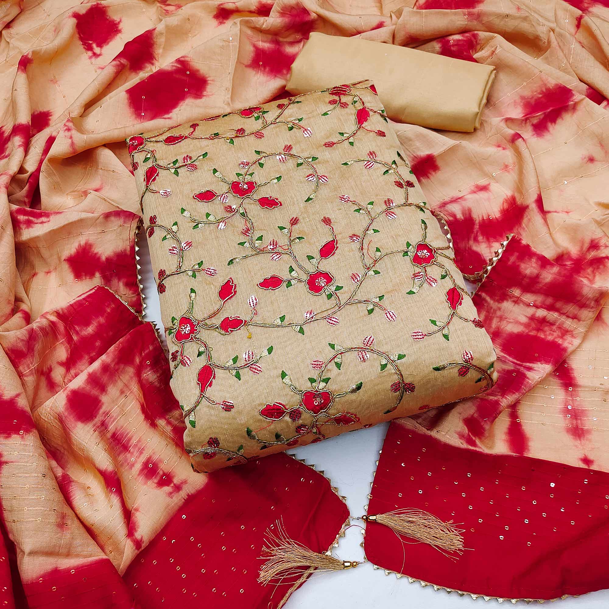 Chikoo Floral Sequins Embroidered Chanderi Dress Material