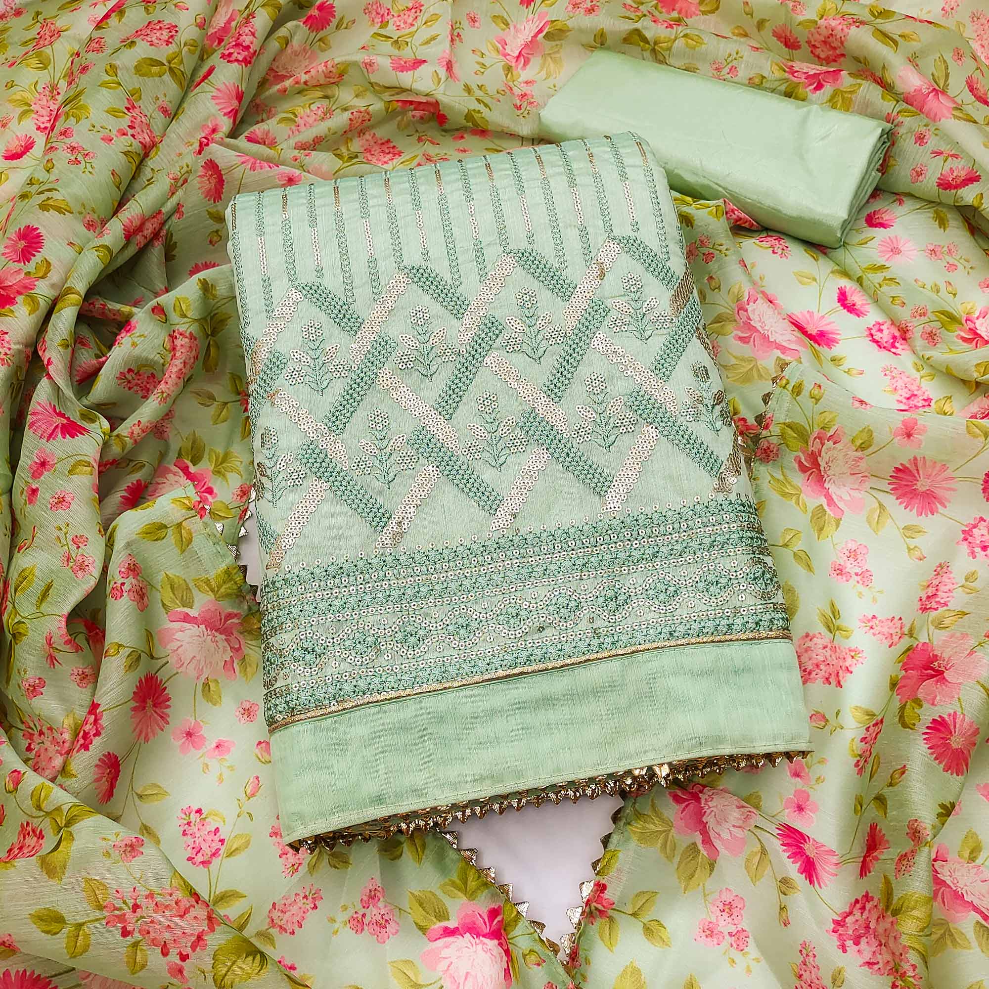 Green Sequins Embroidered Chanderi Dress Material