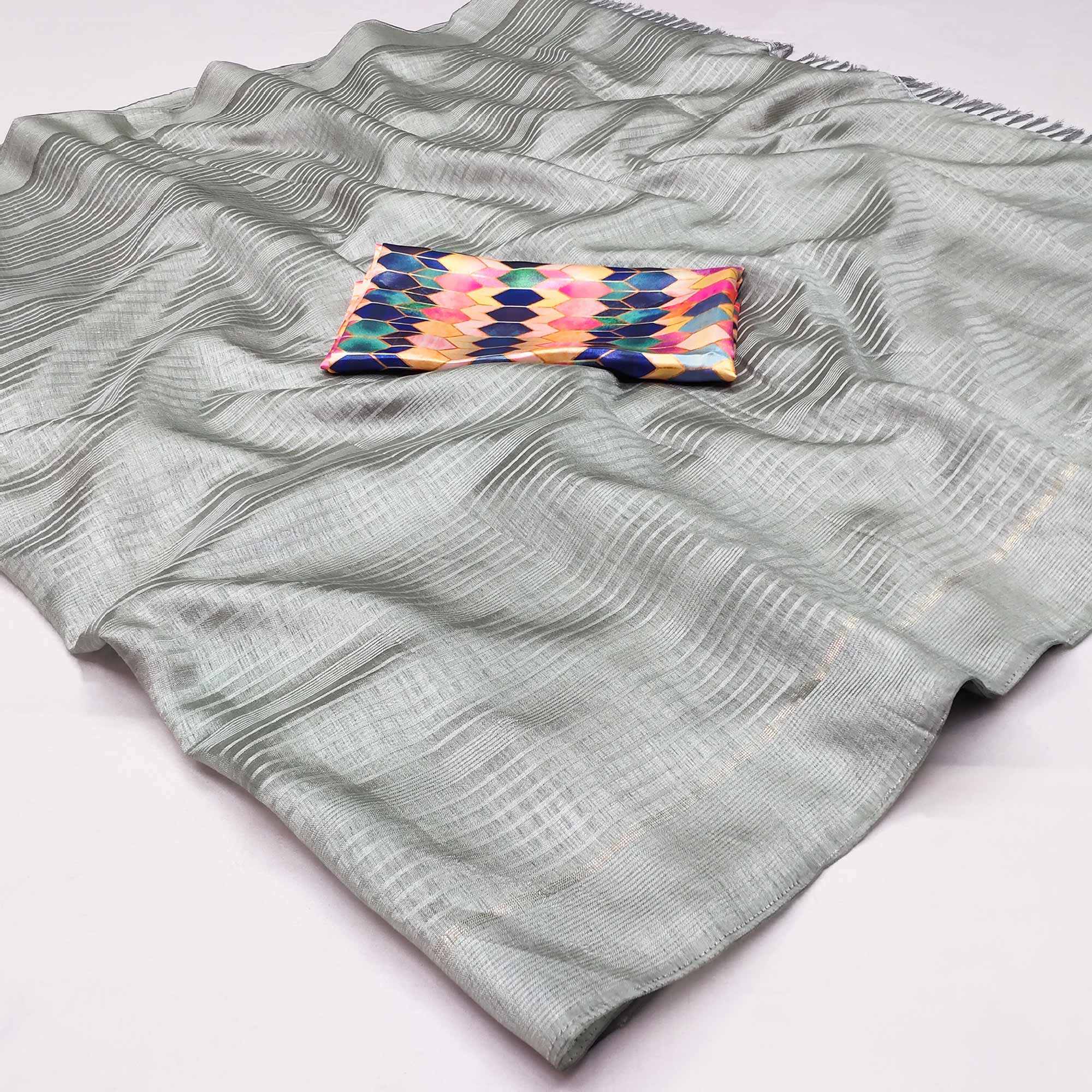 Grey Striped Pattern Manipuri Silk Saree