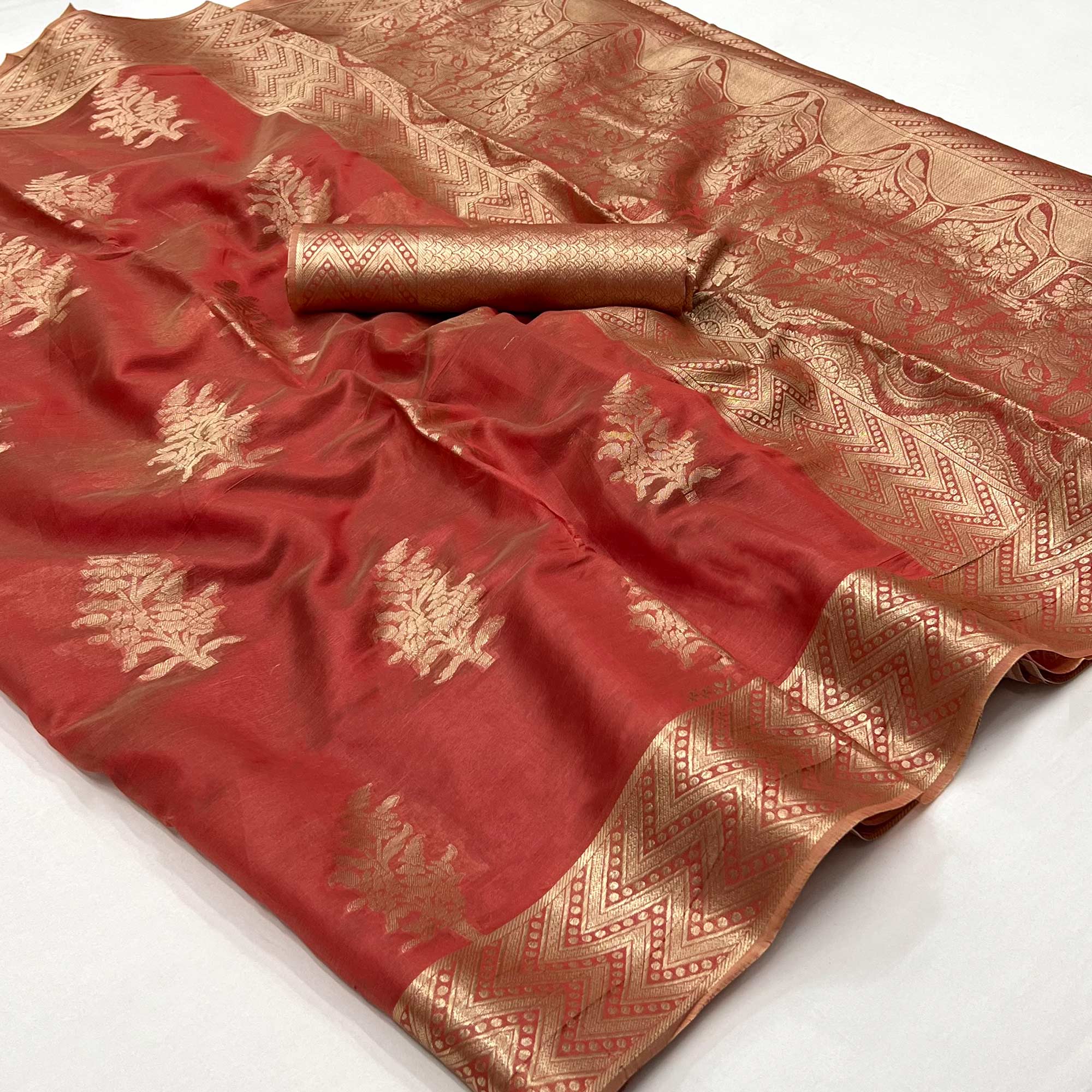Rust Floral Woven Organza Saree