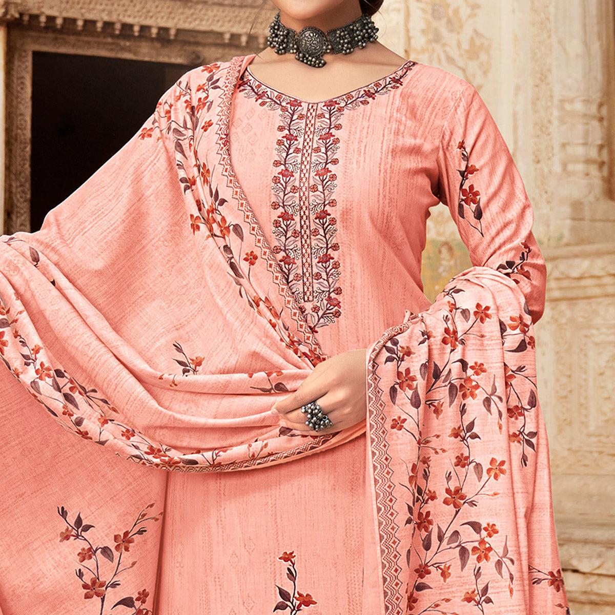 Peach Floral Printed With Embroidered Pure Cotton Palazzo Suit