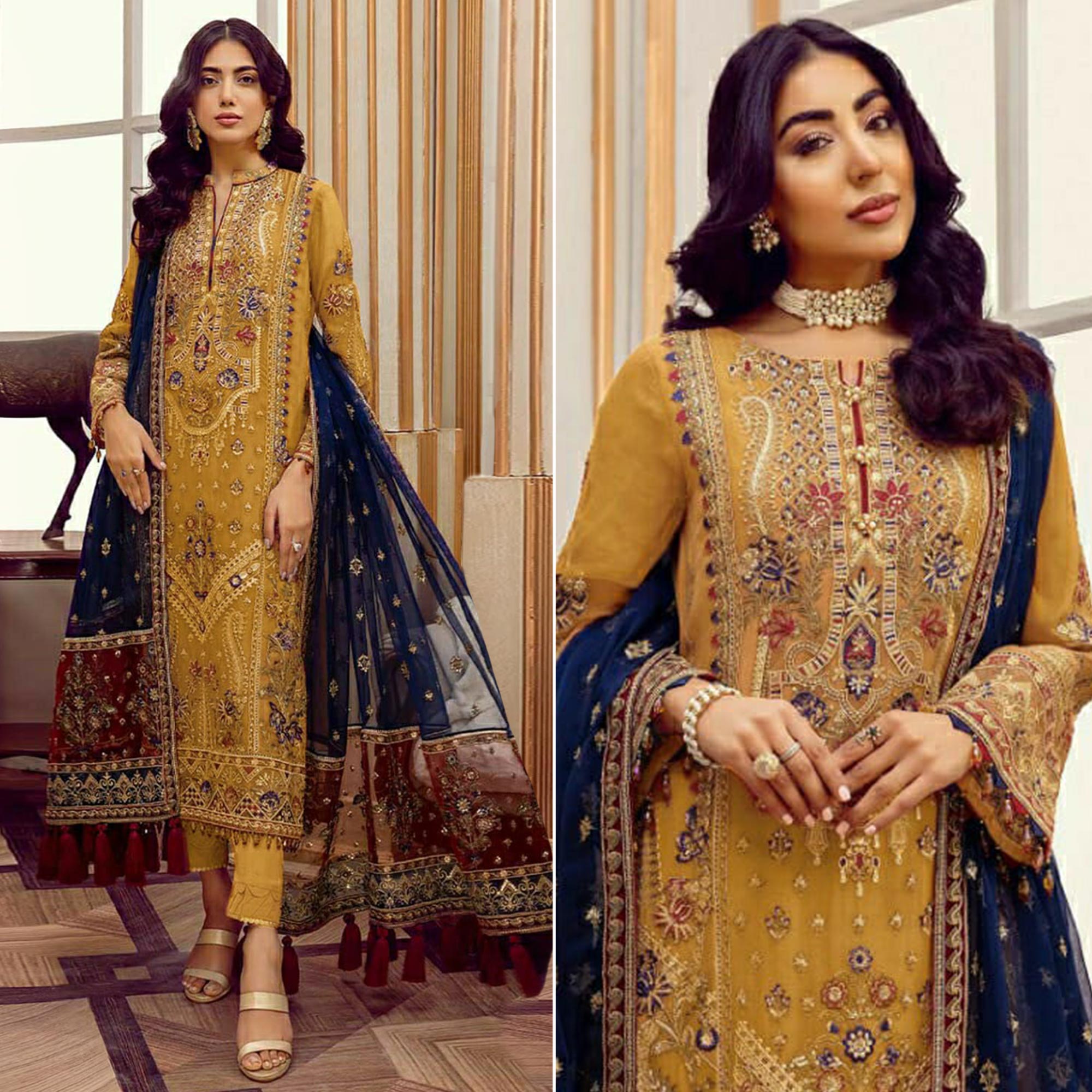 Mustard Floral Embroidered Georgette Pakistani Suit